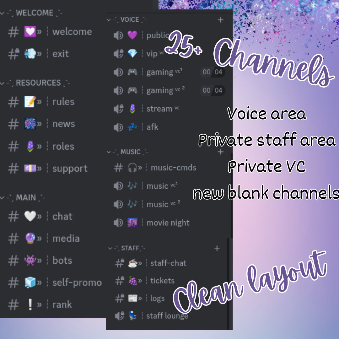 Minimalistic Purple Theme Discord Server Template | 50+ Channels and ...