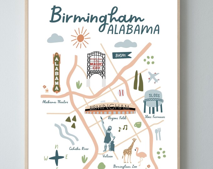 Birmingham Alabama Map Print | Illustrated City Map - Etsy