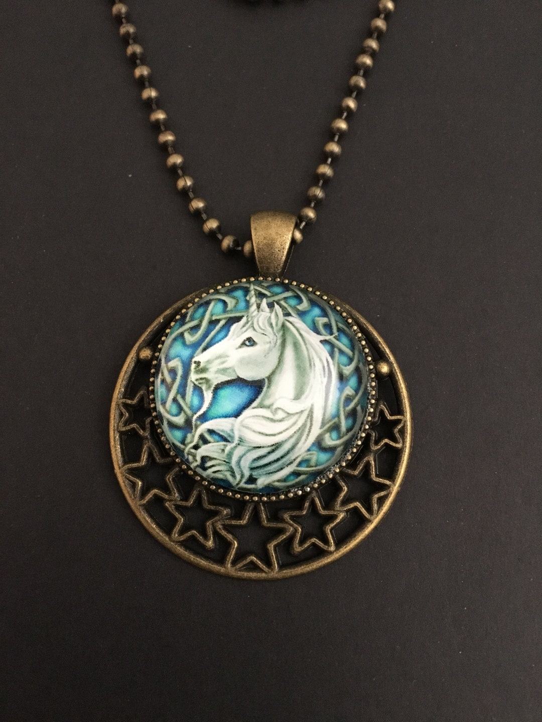 Pretty Blue and White Celtic Theme Unicorn Pendant Necklace Bronze 60cm ...