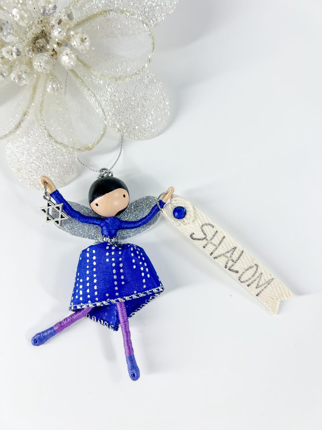 Shalom Jewish Fairy Ornament, Blue and Silver Custom Hanging With Star ...