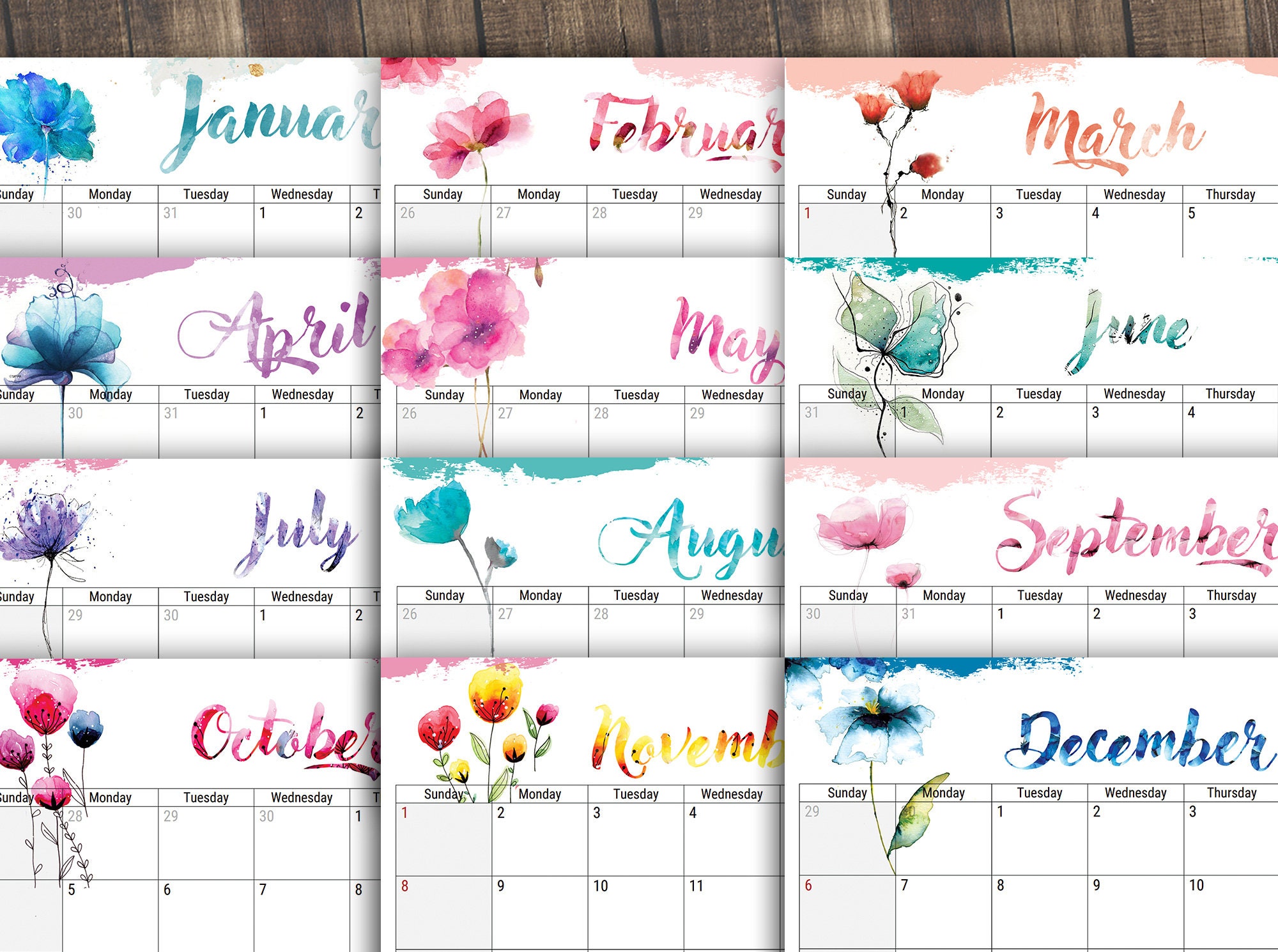 Calendar 2020 Floral Calendar Printable Printable Calendar - Etsy