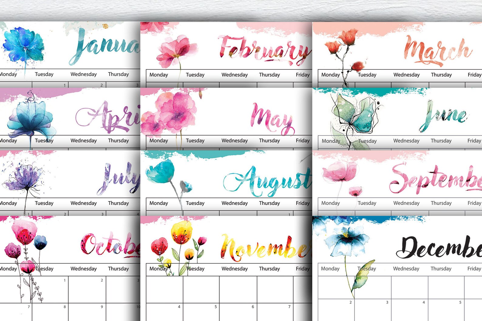 Calendar 2019 Floral Calendar Printable Printable Calendar | Etsy