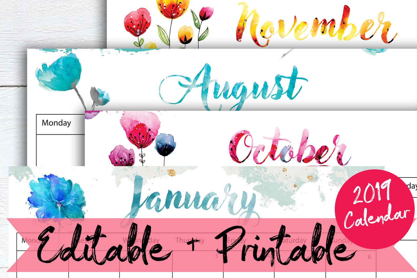Calendar 2019 Floral Calendar Printable Printable Calendar | Etsy