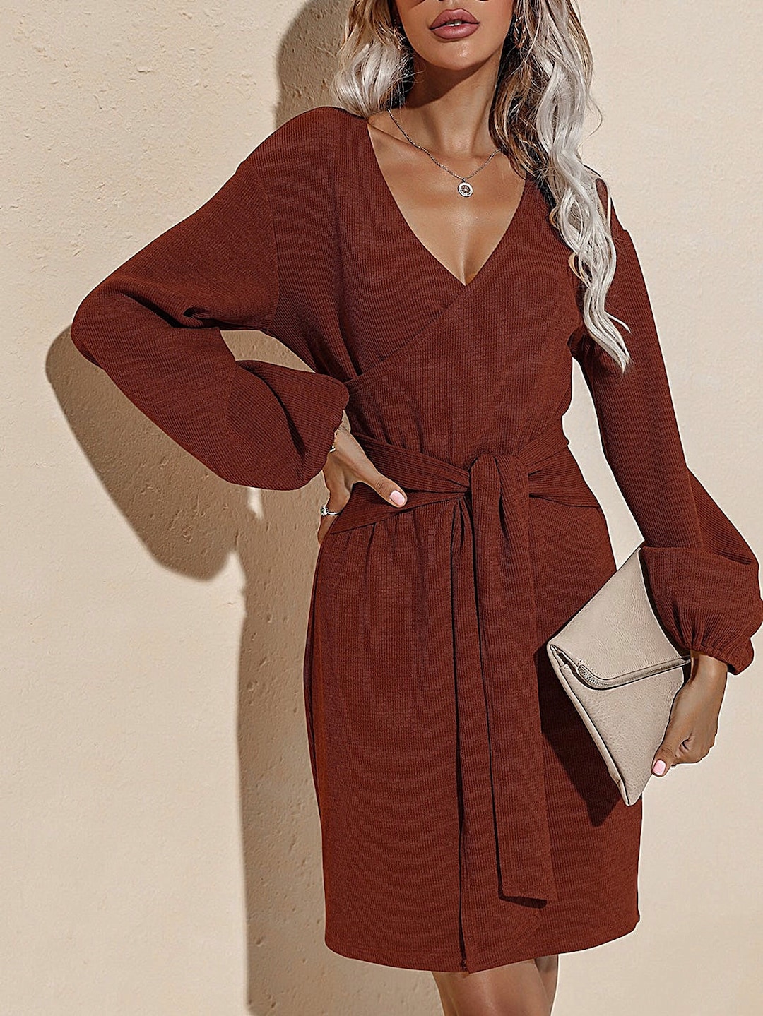 Fall Winter Solid Color Long Sleeve Mini Dress for Holiday Gatherings ...