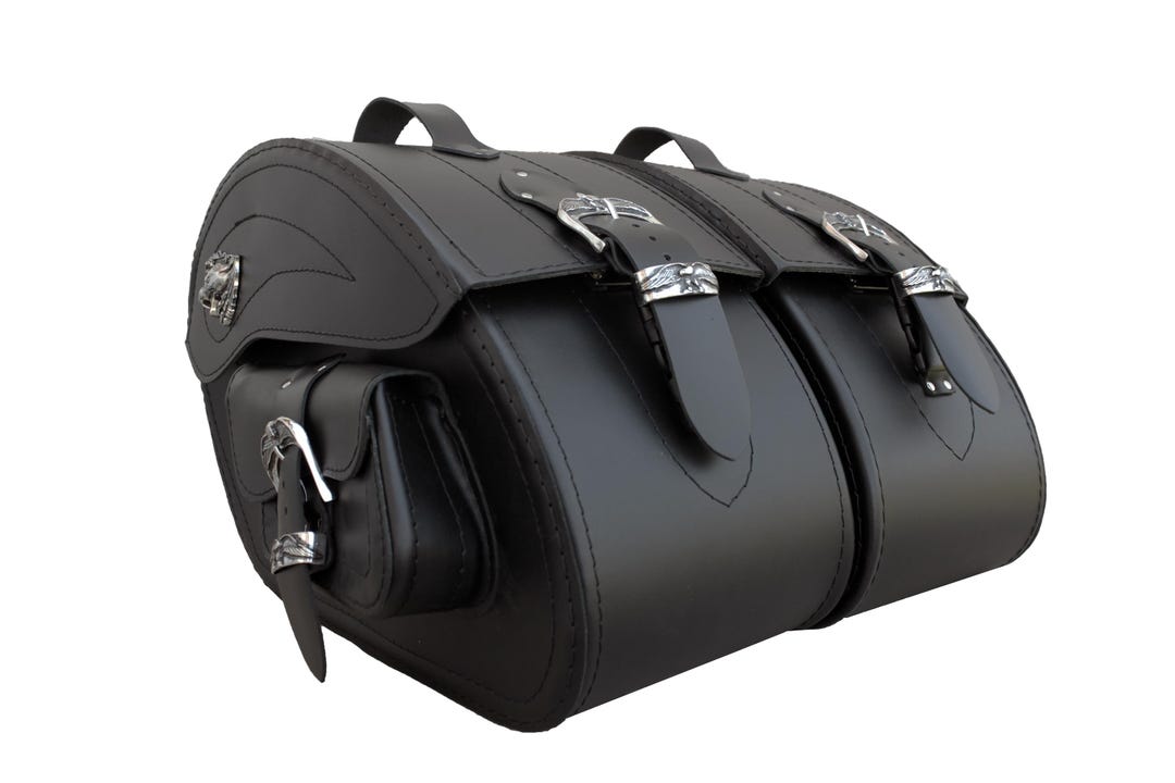 Motorcycle Universal Black Leather Saddlebags Panniers Bags Cases With ...