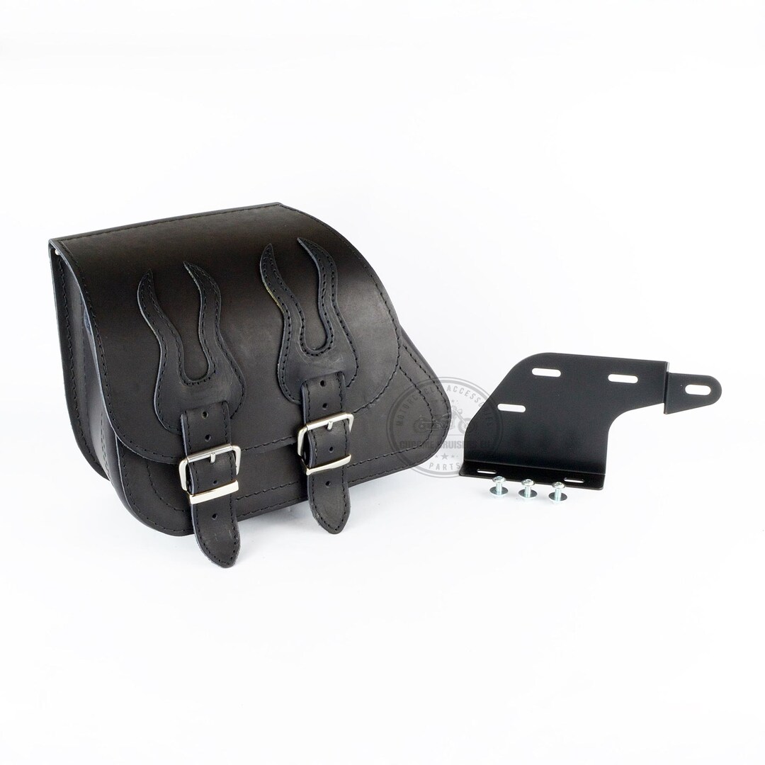 Black Genuine Leather Saddlebag Pannier Case Bag (FLAMES) for Harley ...