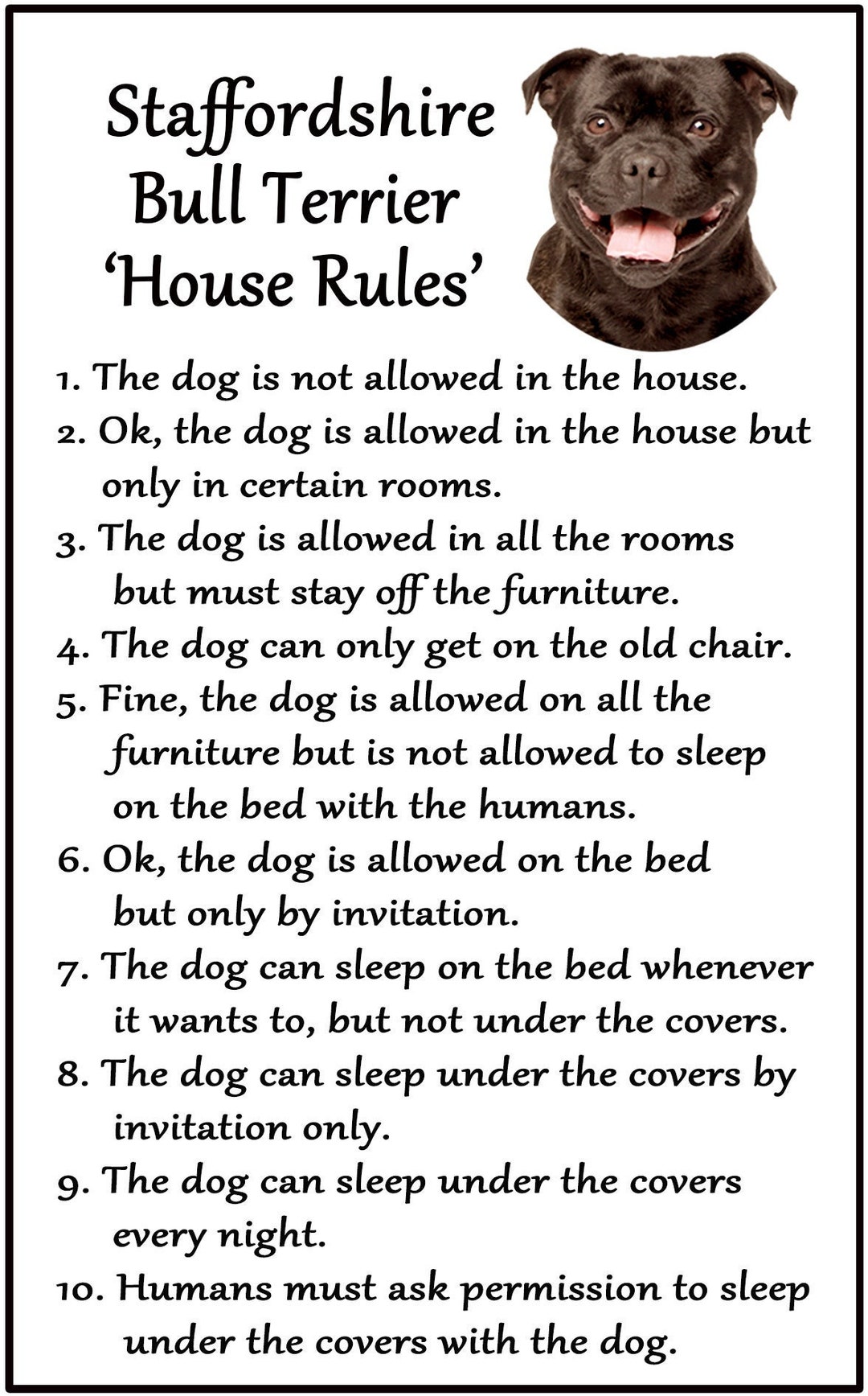 Staffordshire Bull Terrier Staffy Dog Lovers Gift House Rules Large ...