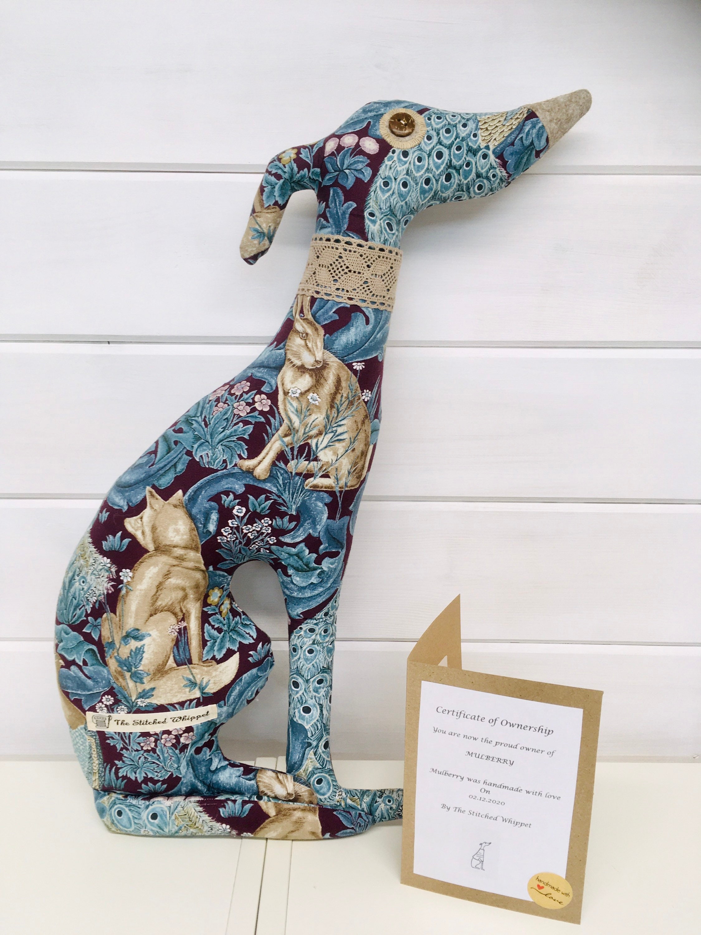 Handmade Decorative Stuffed Whippet called Mulberry , Whippet Gift.