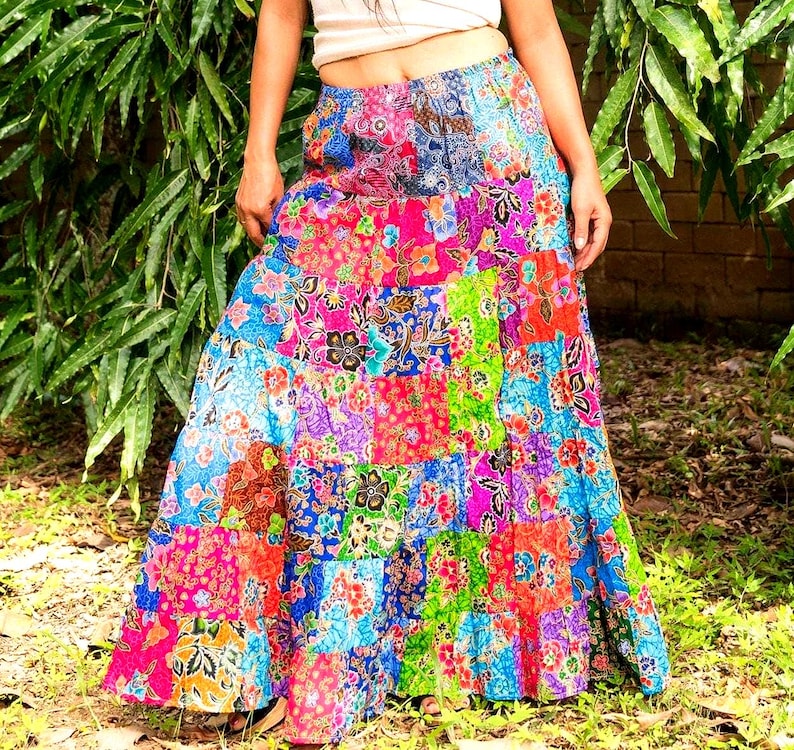 Patchwork Skirt * Bohemian Hippie Style * Long Maxi Length * Colorful ...