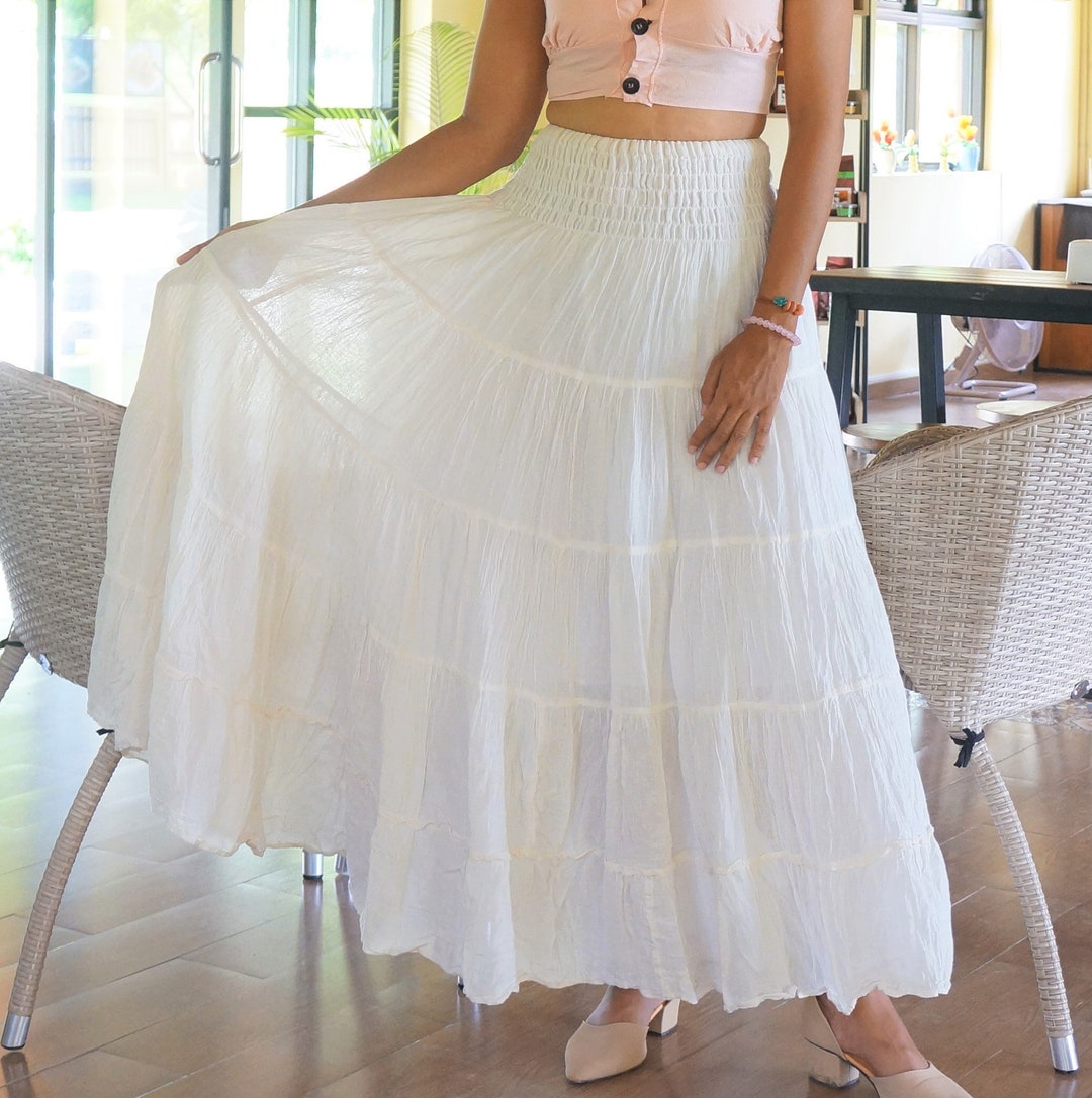 White Cotton Skirt Long Boho Flared Tiered Maxi Solid Plain Color ...