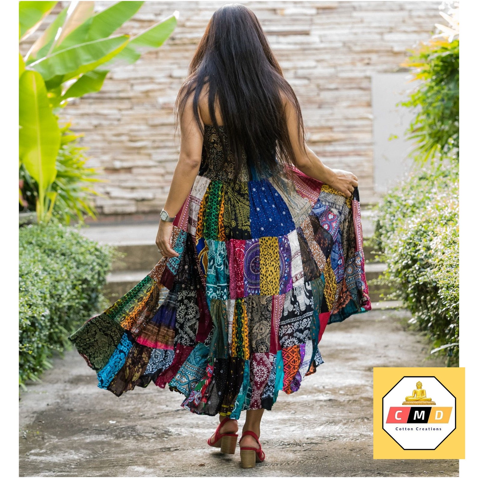 Patchwork Skirt * Long Maxi Boho Hippie * Smocked Ruched Waist * Flared ...