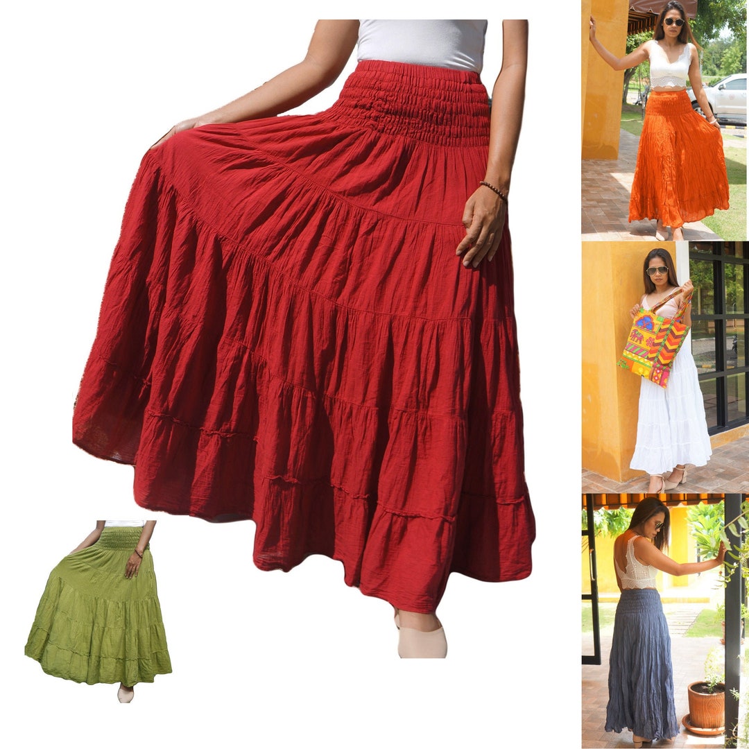 Long Boho Cotton Skirts Flared Tiered Maxi Solid Plain Colors Smocked Elasticated Deep Waistband
