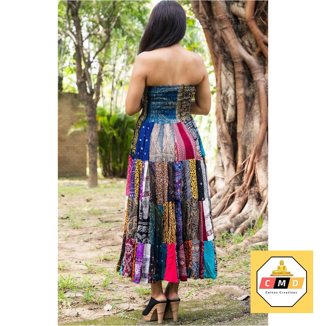 Patchwork Skirt * Long Maxi Boho Hippie * Smocked Ruched Waist * Flared ...