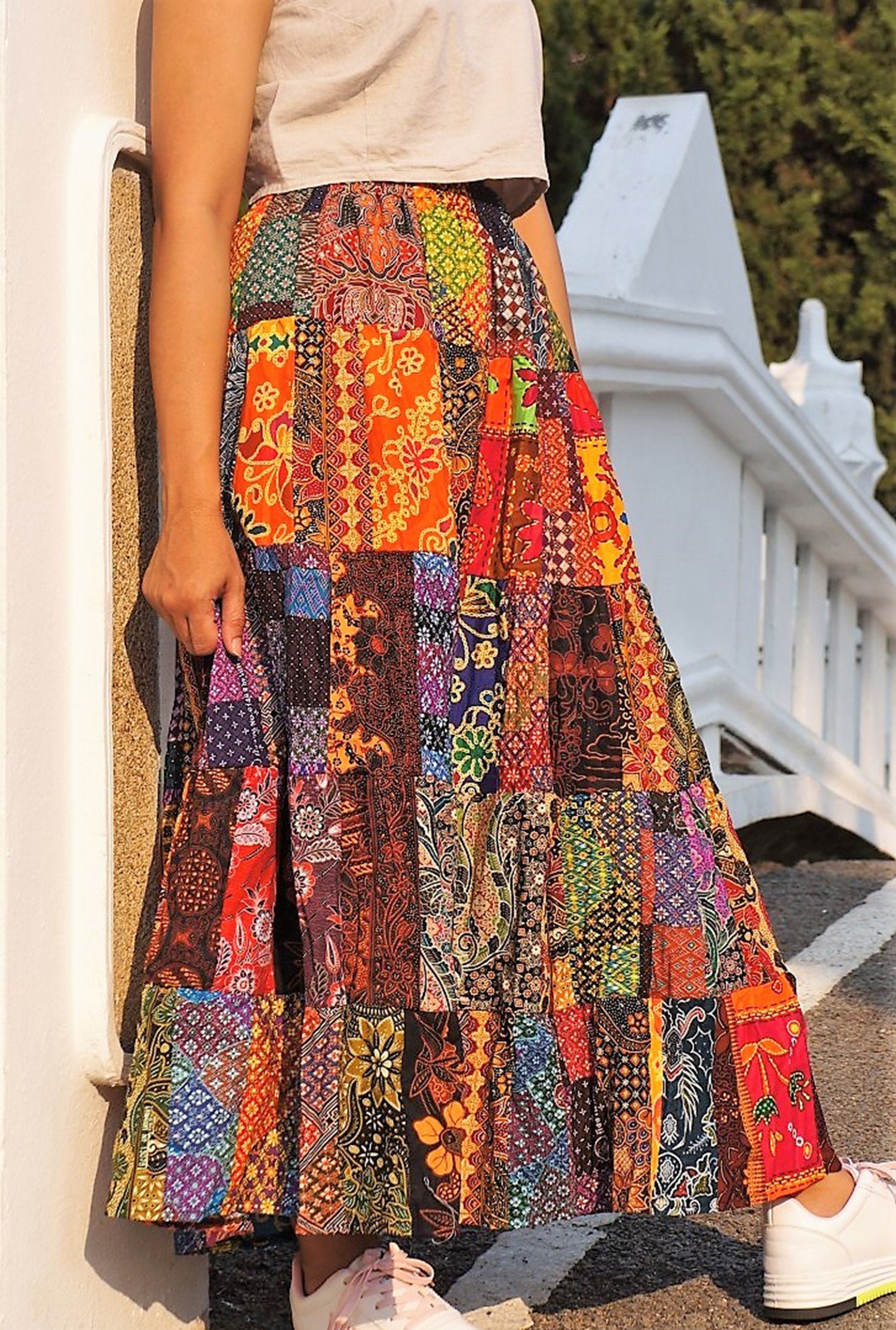 Long Patchwork Skirt for Women Cotton Tiered Flared Gypsy | Etsy