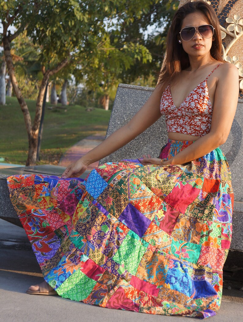 Patchwork Skirt * Bohemian Hippie Style * Long Maxi Length * Colorful ...