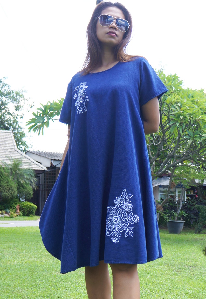 Navy Blue Cotton Tunic Dress Knee Length & Short Sleeved | Etsy