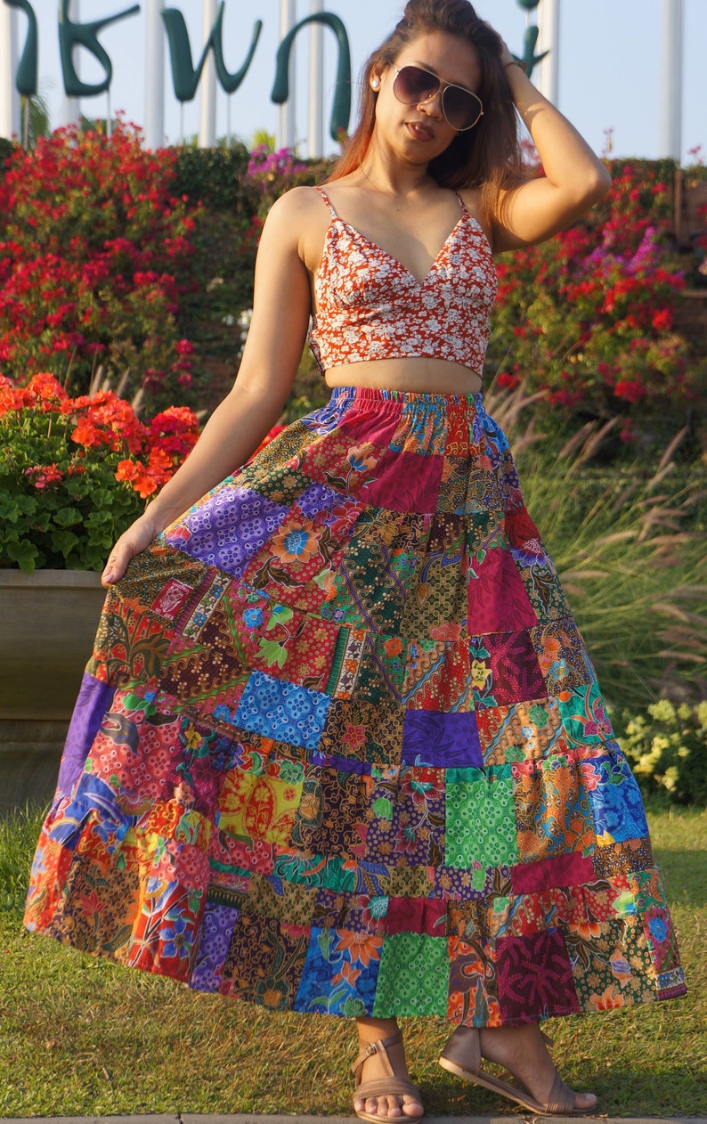 Patchwork Skirt * Bohemian Hippie Style * Long Maxi Length * Colorful ...