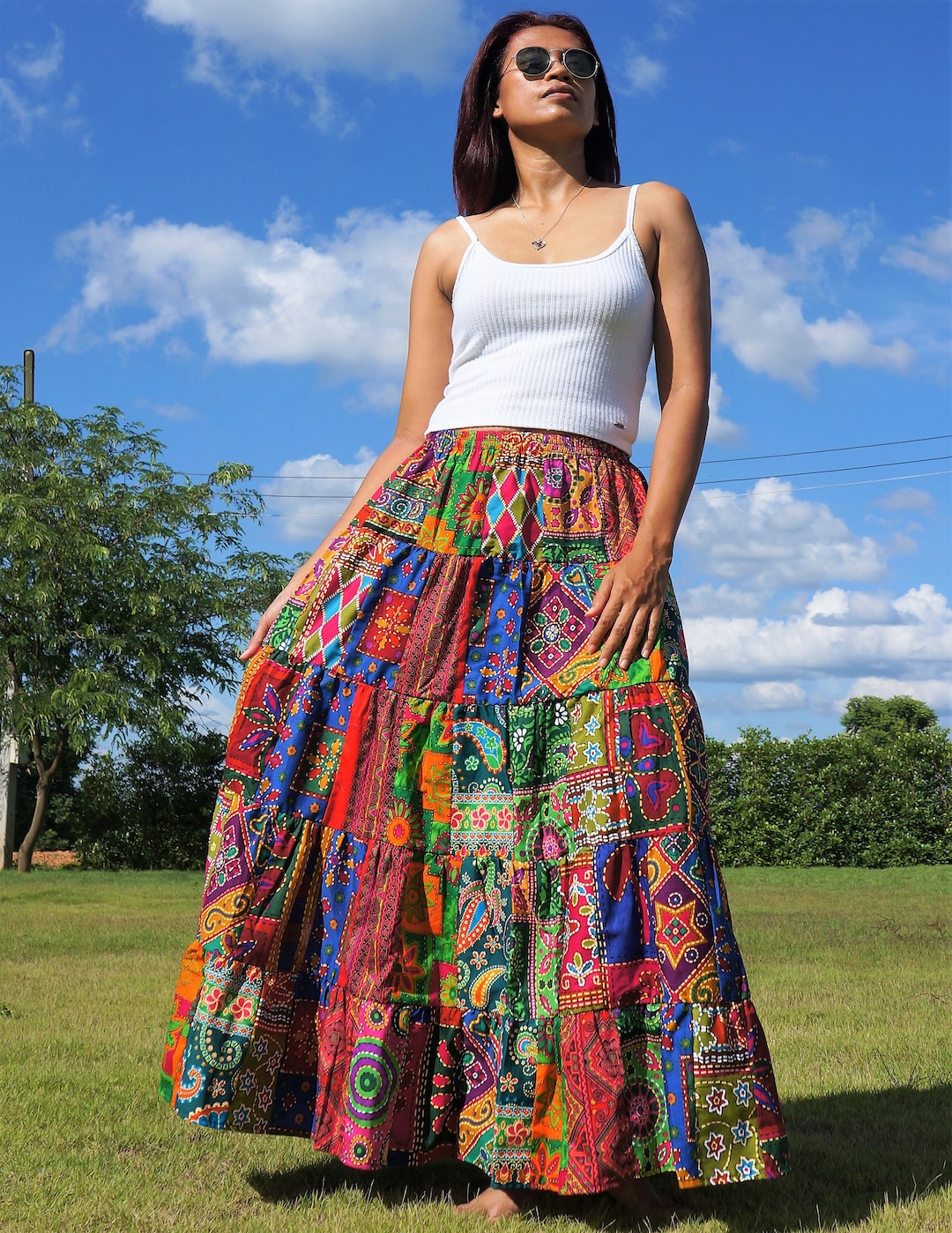 Long Patchwork Skirts for Women Cotton Tiered Flared Boho Maxi Retro Floral Hippie Elasticated ...