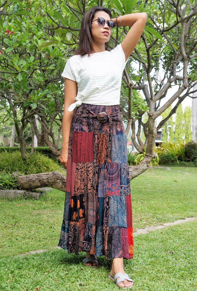 Patchwork Skirt Long Boho Multi Colored With Coconut Buckle - Etsy