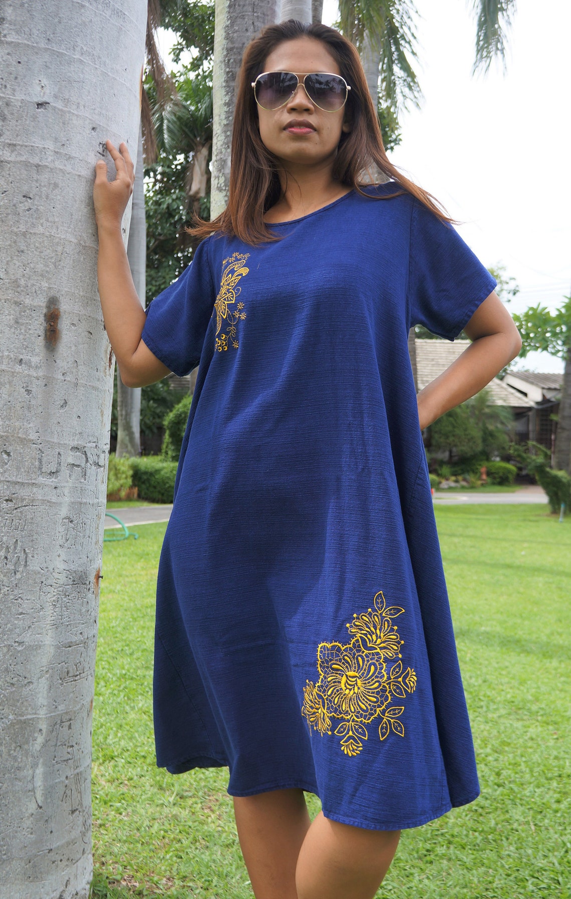 Navy Blue Cotton Tunic Dress Knee Length & Short Sleeved | Etsy