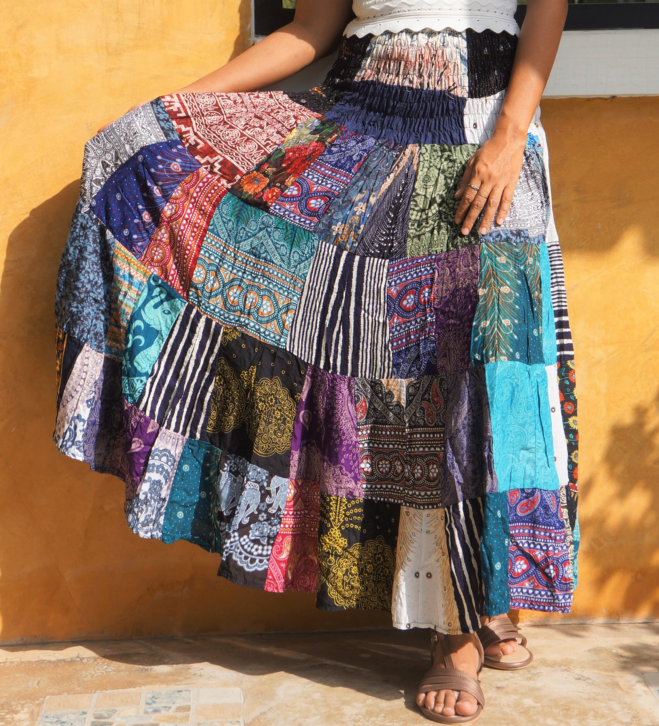 Patchwork Skirt * Long Maxi Boho Hippie * Smocked Ruched Waist * Flared ...