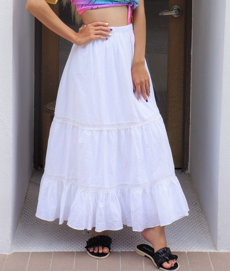 White Cotton Maxi Skirt Tiered Pom pom Or Lace Trim Elastic Waist Etsy White Cotton Maxi Skirt Tiered Pom pom Or Lace Trim Elastic Waist Etsy