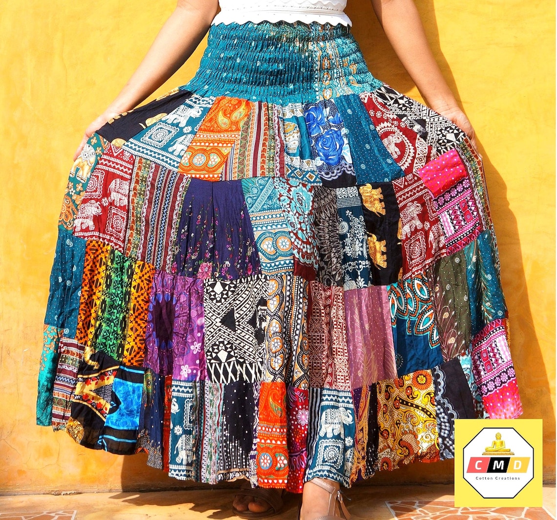 Patchwork Skirt * Long Maxi Boho Hippie * Smocked Ruched Waist * Flared ...
