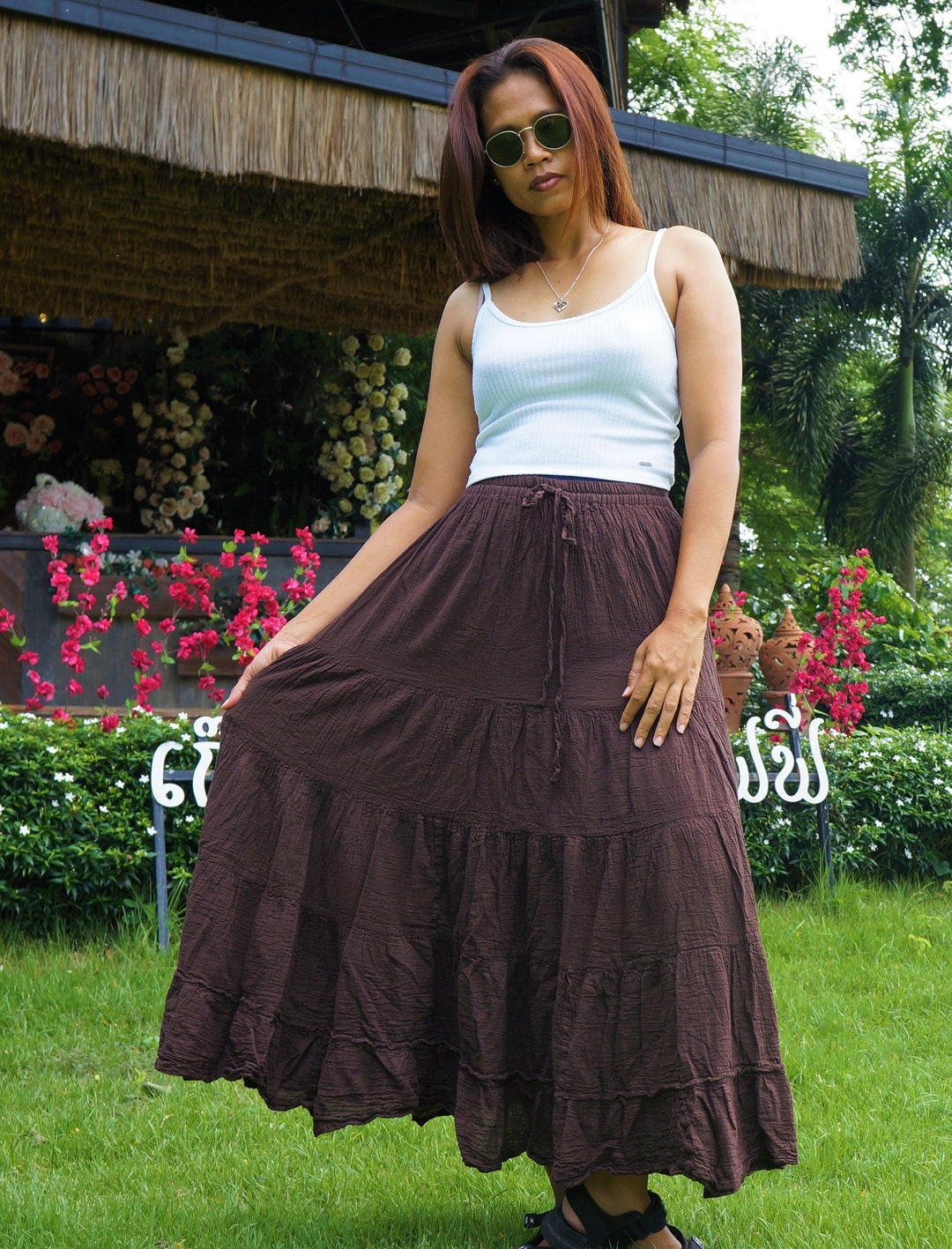 Brown Boho Skirt * Soft Flowing Cotton * Flared Tiered Maxi * Solid ...