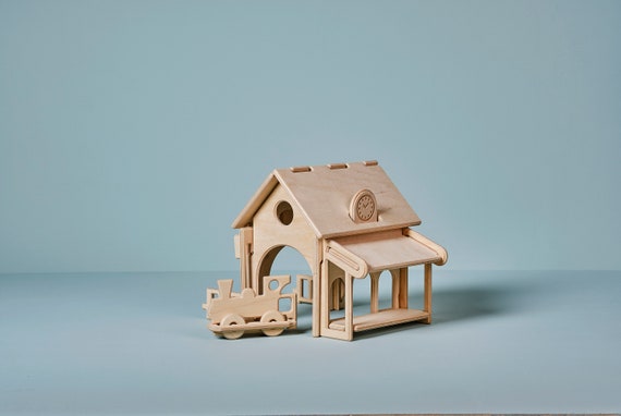 Wooden Toy Station With Train Etsy