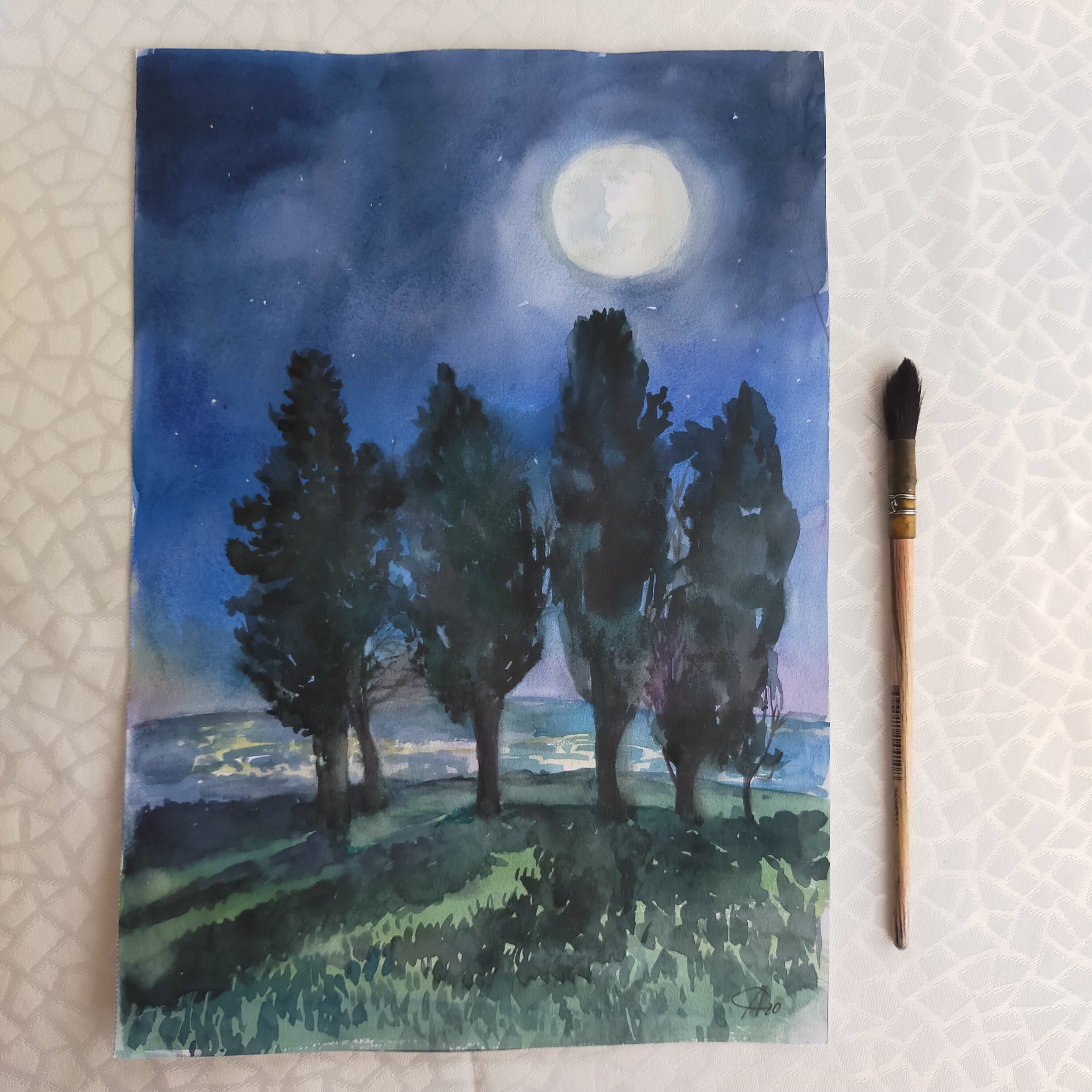 Full Moon Art Original Watercolor Painting,night Landscape,full Moon ...