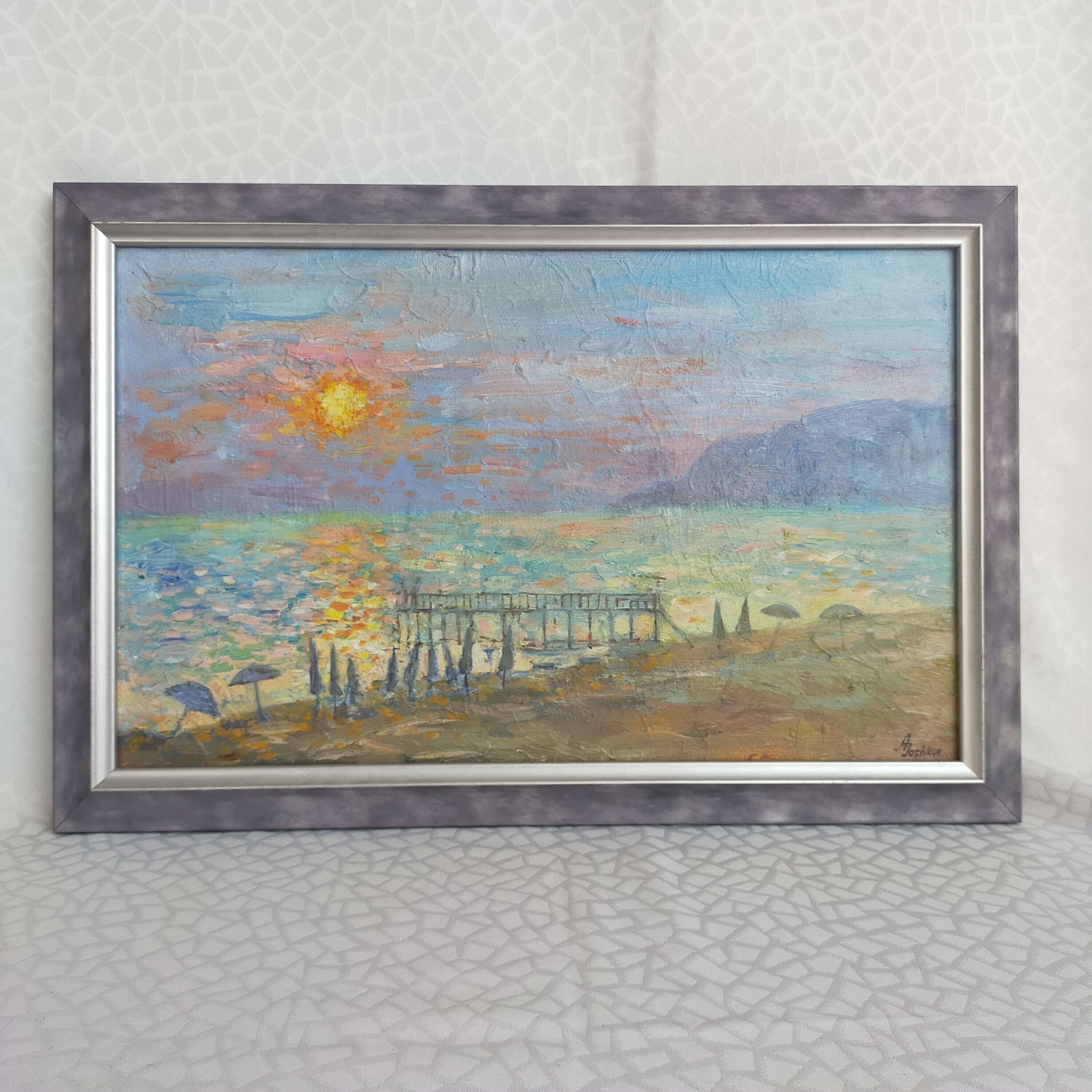 Sunset on the Sea, Oil Painting, Setting Sun on the Beach, Oil Painting ...