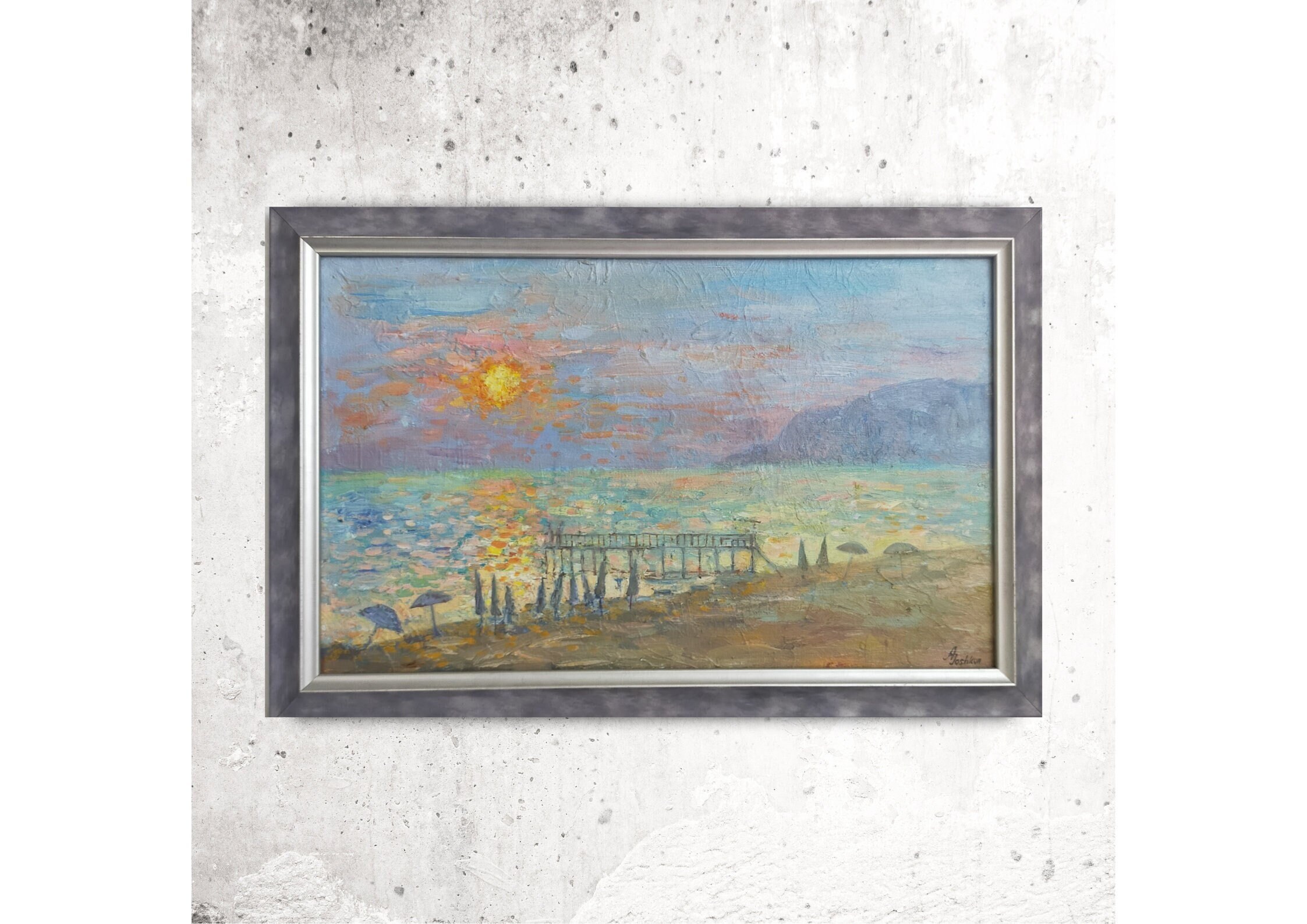 Sunset on the Sea, Oil Painting, Setting Sun on the Beach, Oil Painting ...