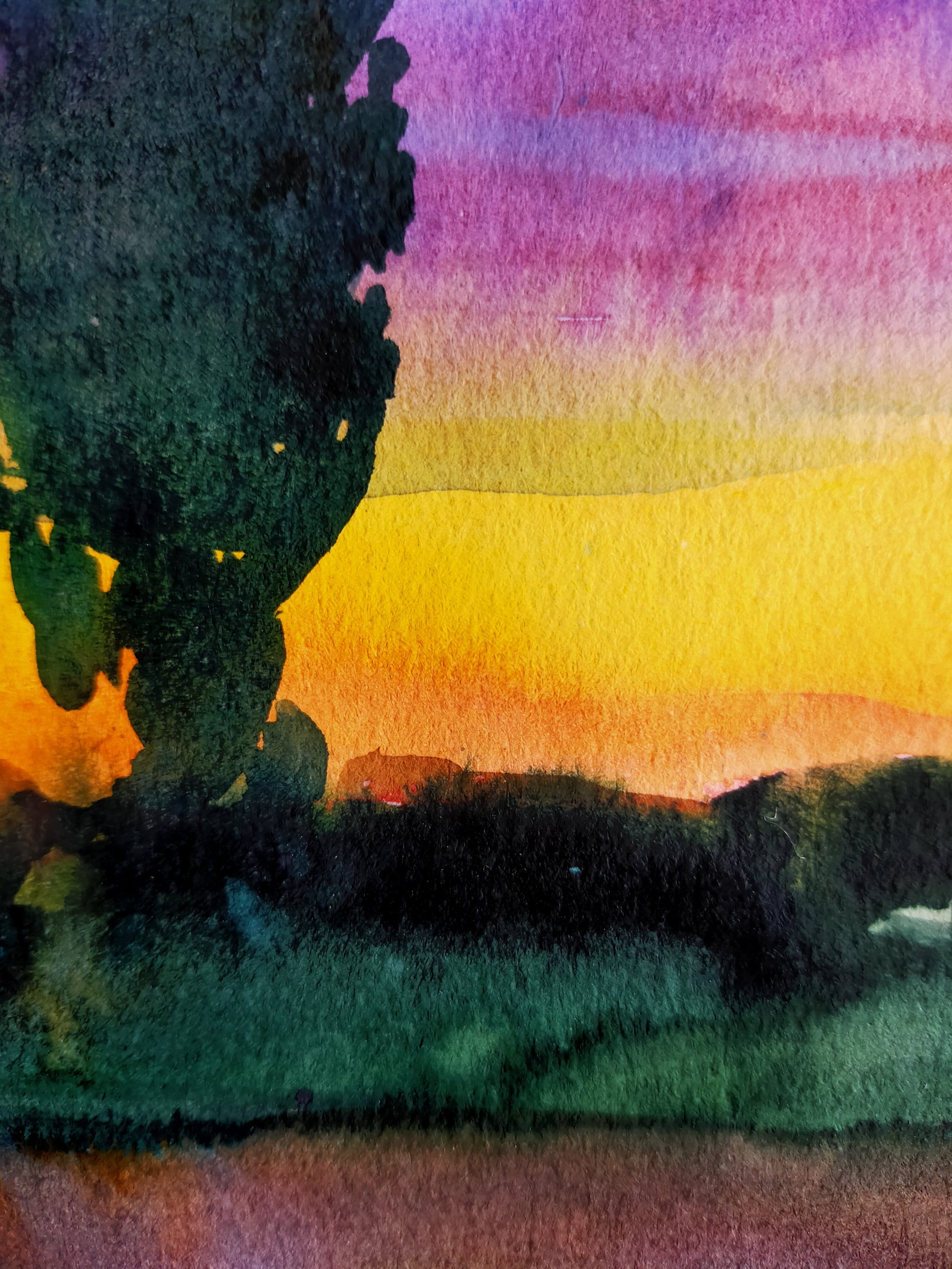 Bright sunset in watercolor download digital file, Trees at sunset with ...