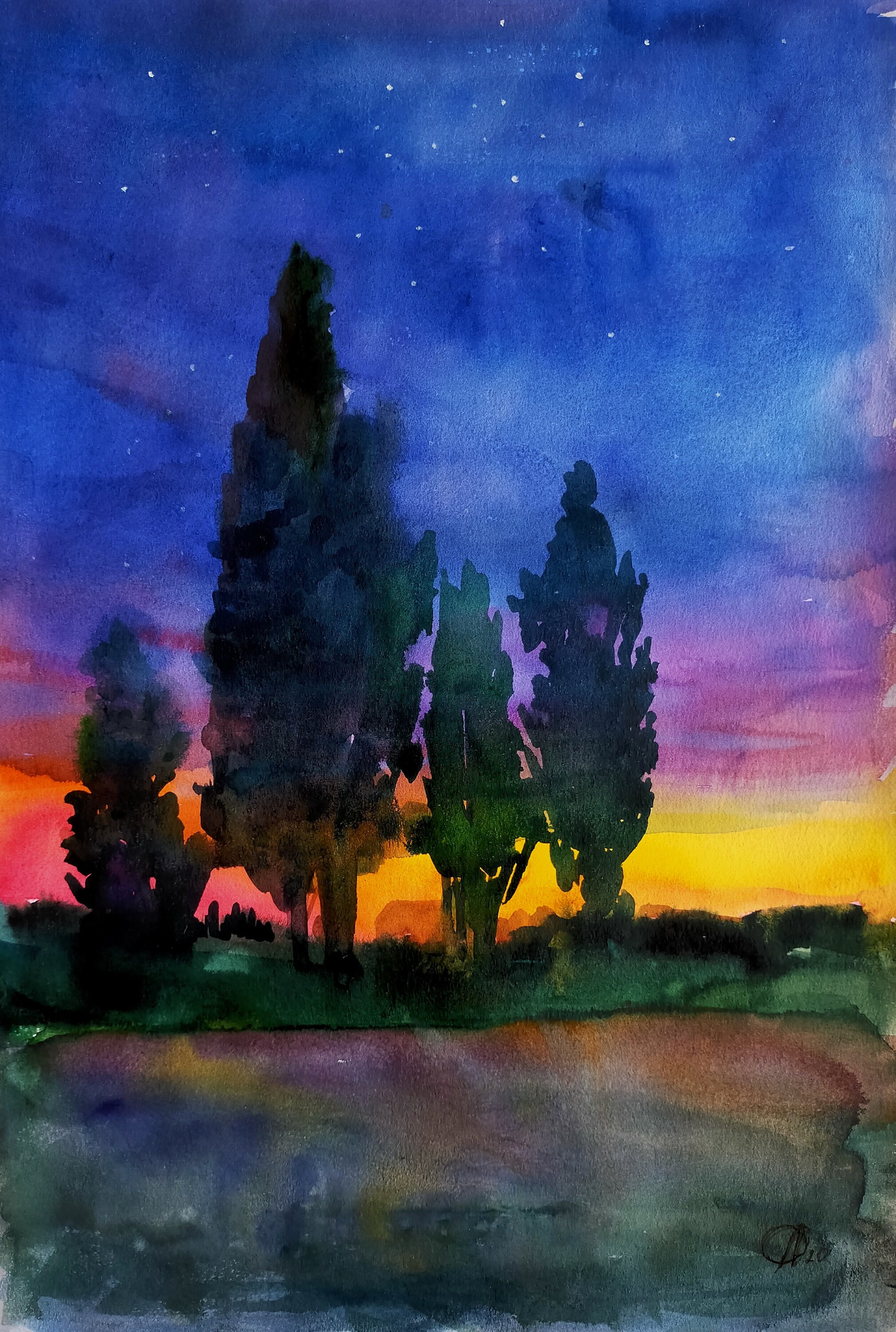 Bright sunset in watercolor download digital file, Trees at sunset with ...