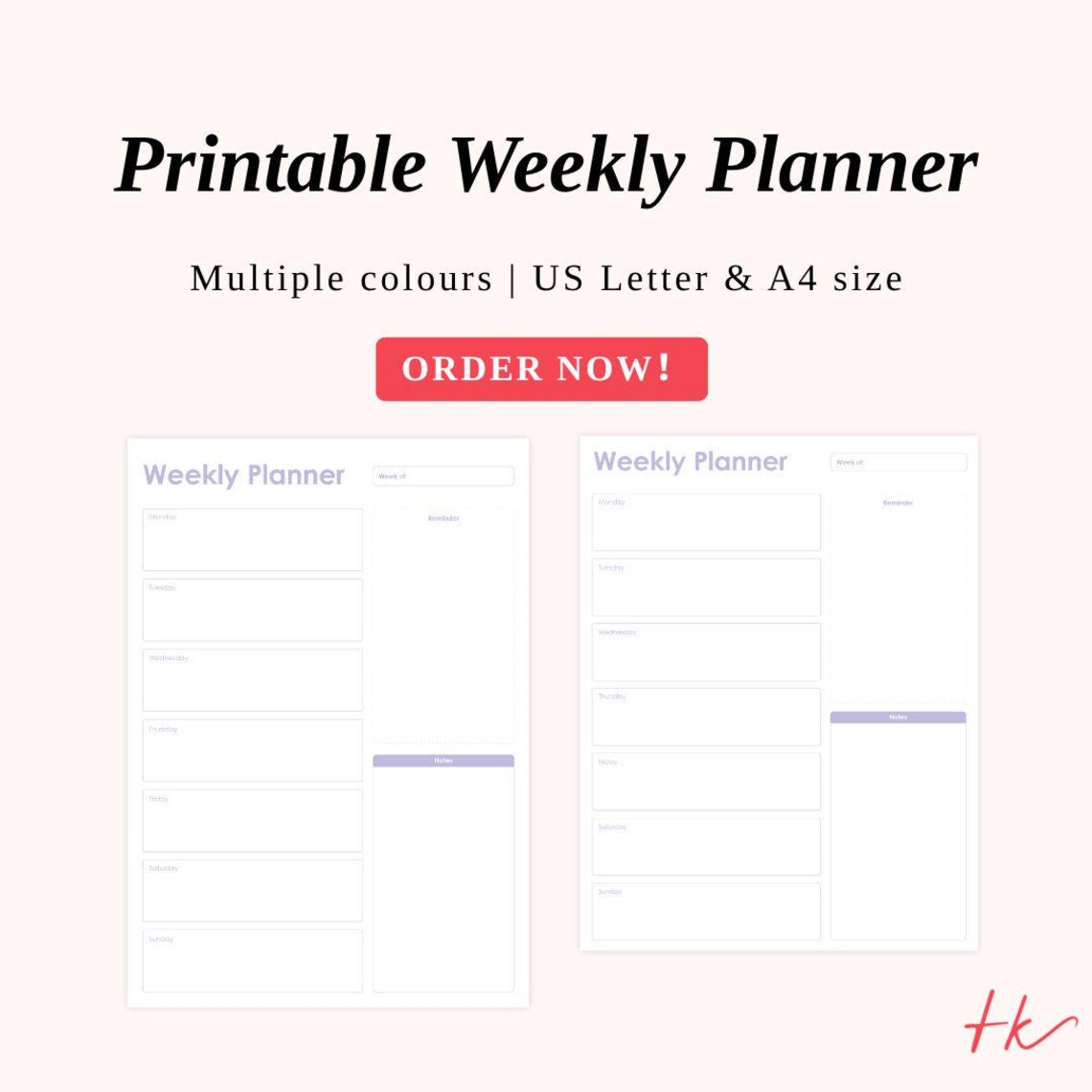 Printable Weekly Planner Sheet, 5 Colors, Print at Home, A4 Size ...