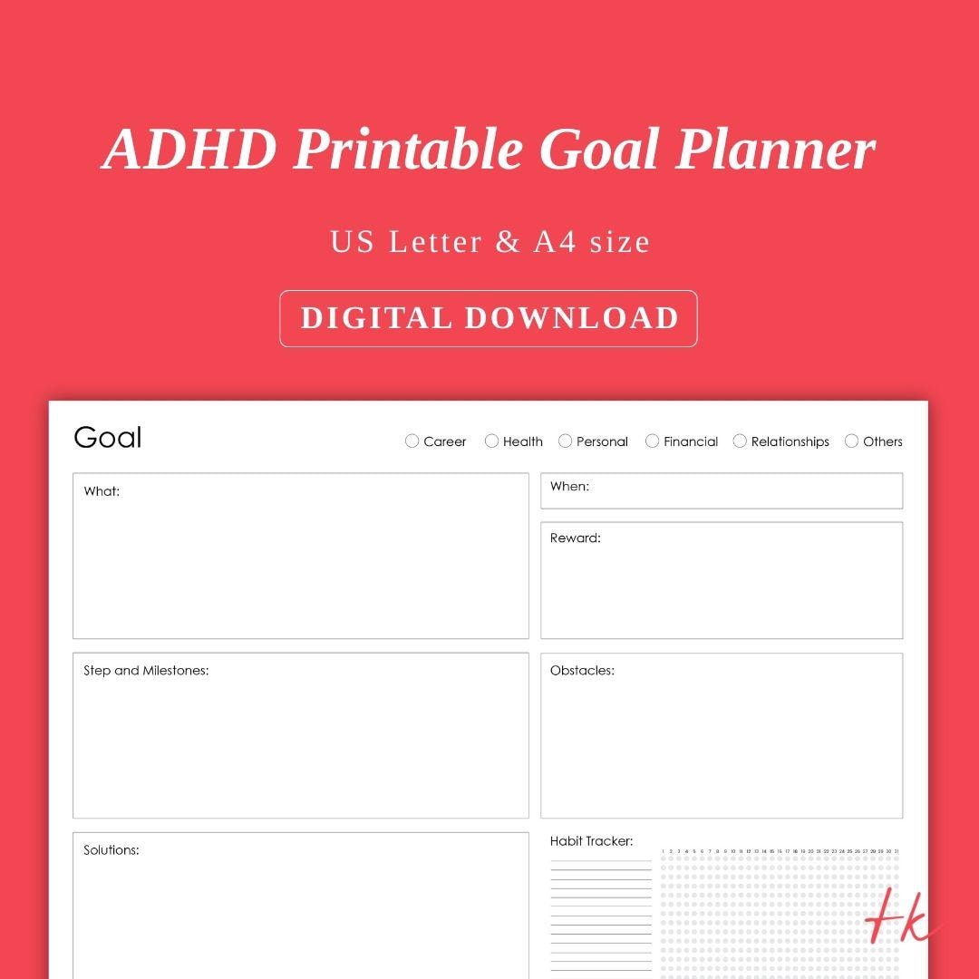 ADHD Goal Planner Printable | SMART Goals Sheet | Adult Executive ...