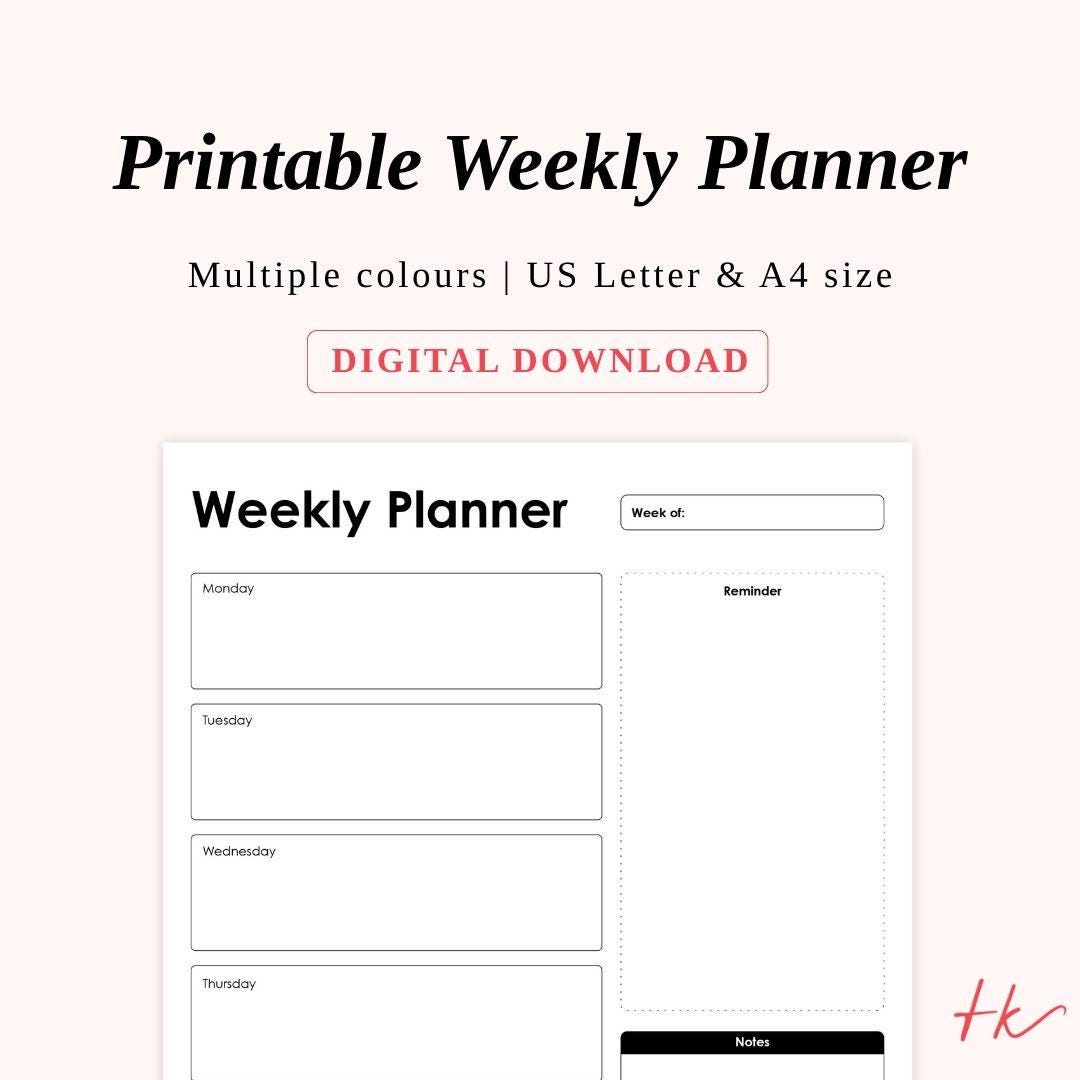 Printable Weekly Planner Sheet, 5 Colors, Print at Home, A4 Size ...