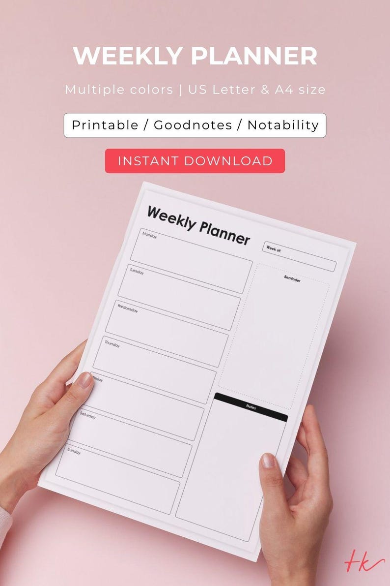 Printable and Digital Weekly Planner Sheet, 5 Colors, Print at Home, A4 ...