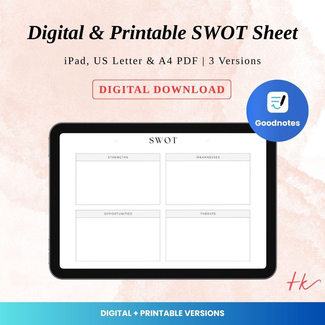 Digital Printable SWOT Analysis Template | Strengths Weaknesses ...