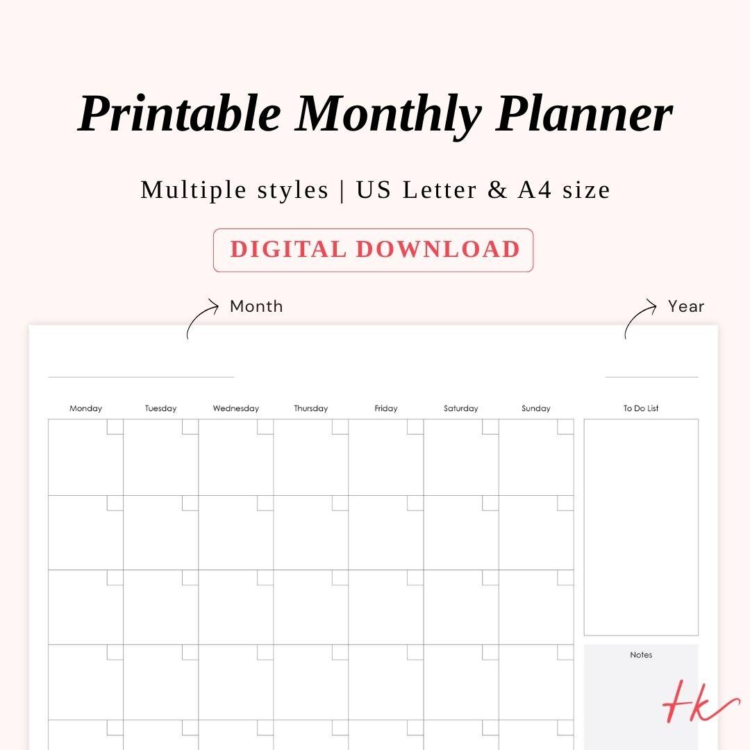 Printable Monthly Planner Sheet, Multiple Styles, Print at Home, US ...