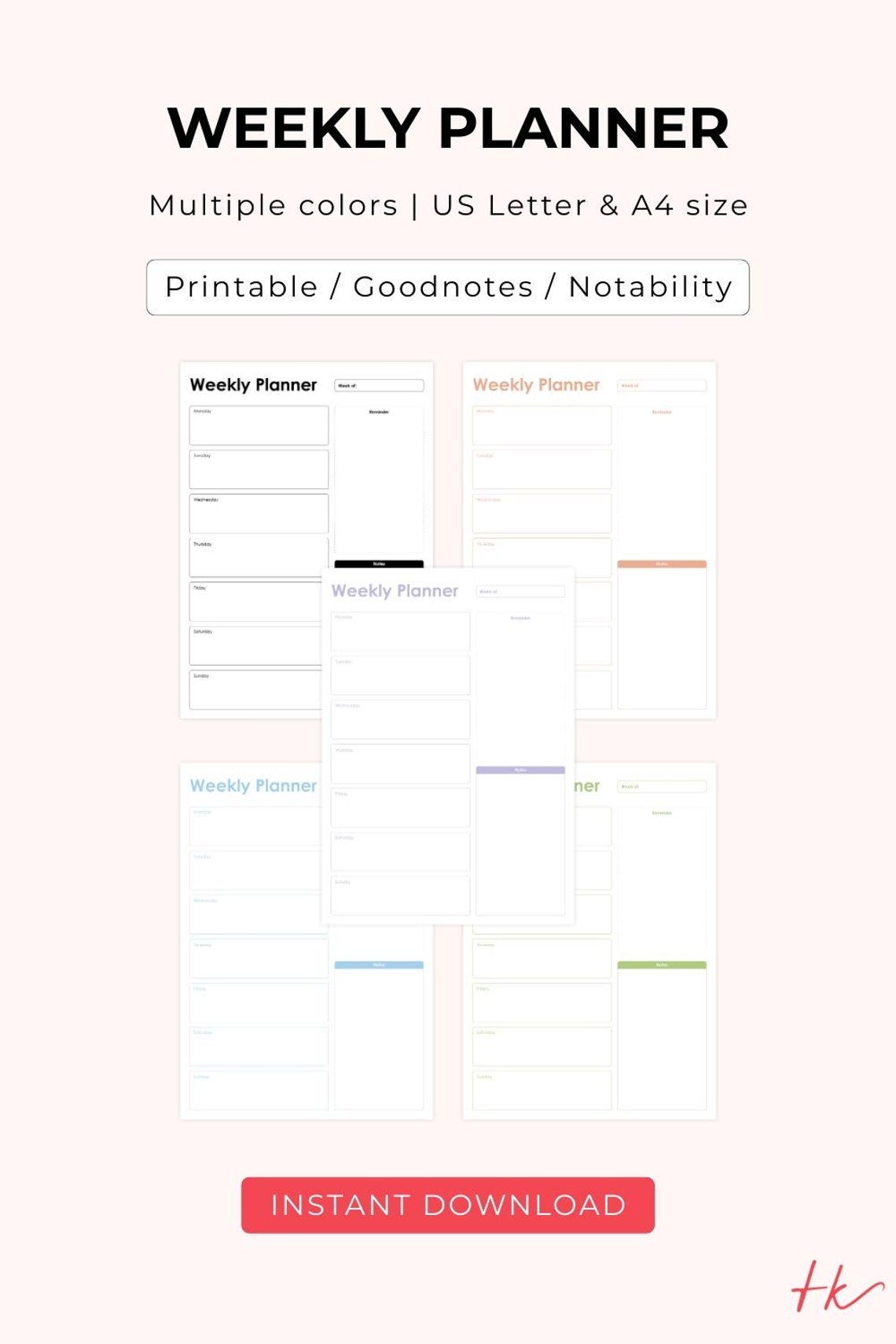 Printable and Digital Weekly Planner Sheet, 5 Colors, Print at Home, A4 ...