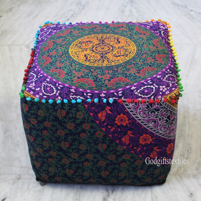Multi Color Floral Square Ottoman Footstool Pouf Cover Mandala - Etsy