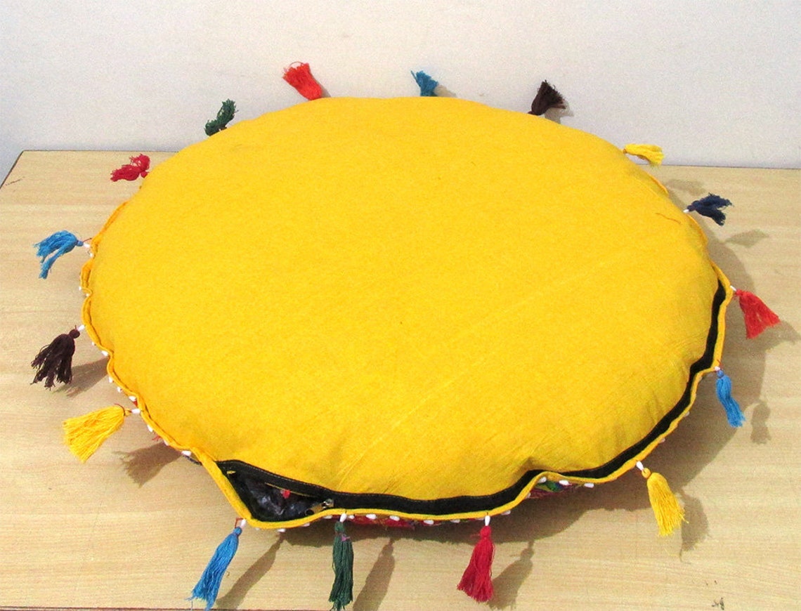 Indian 32 Yellow Round Cushion Cover Patchwork Handmade - Etsy