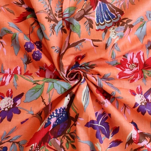 Printed Velvet Fabric Indian Fabric Floral ORANGE BIRD Print - Etsy