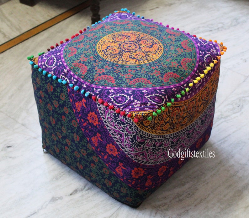 Multi Color Floral Square Ottoman Footstool Pouf Cover Mandala - Etsy