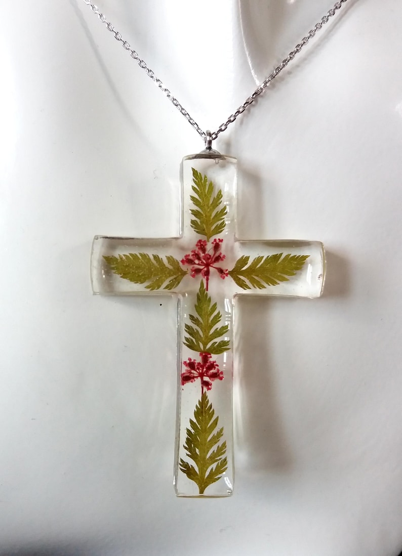 Pressed Flower Cross Necklace, Real Flower Resin Pendant, Sterling ...
