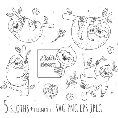 Sloth Digital Stamps Cute Sloth Digital Stamps Sleepy | Etsy