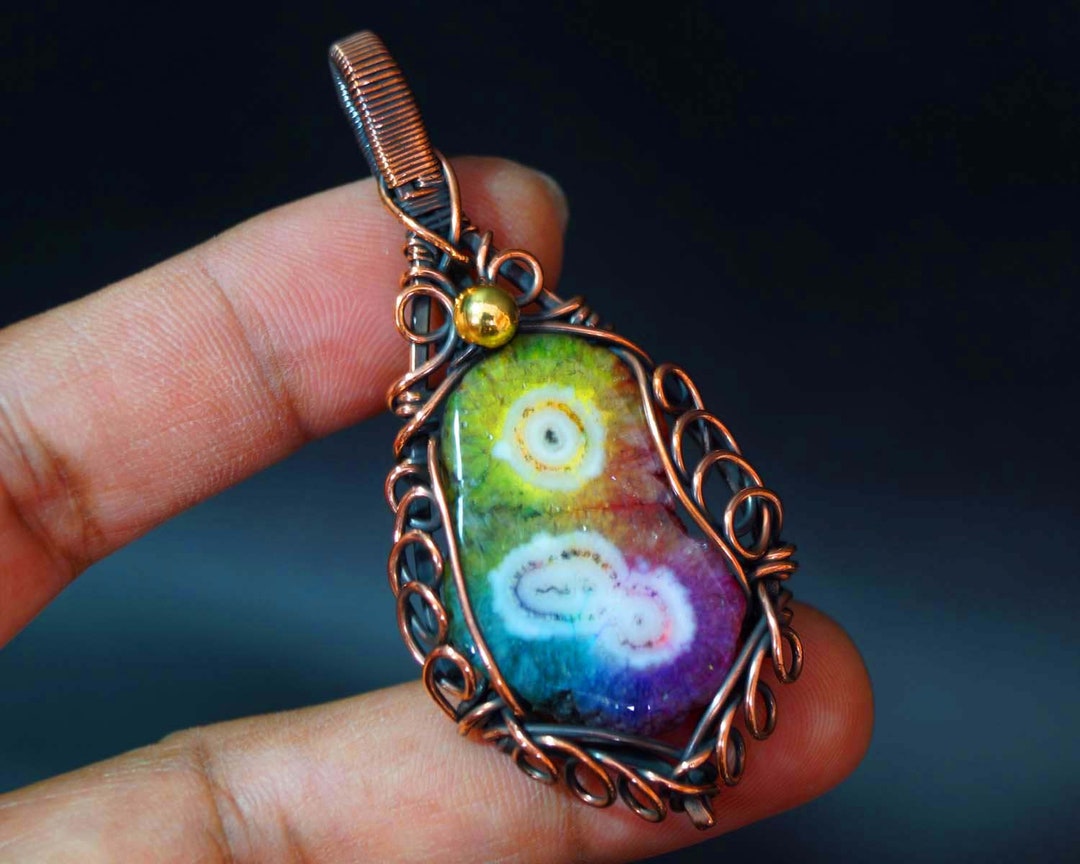 Rainbow Solar Quartz Pendant Copper Wire Wrapped Pendant Rainbow Stone ...