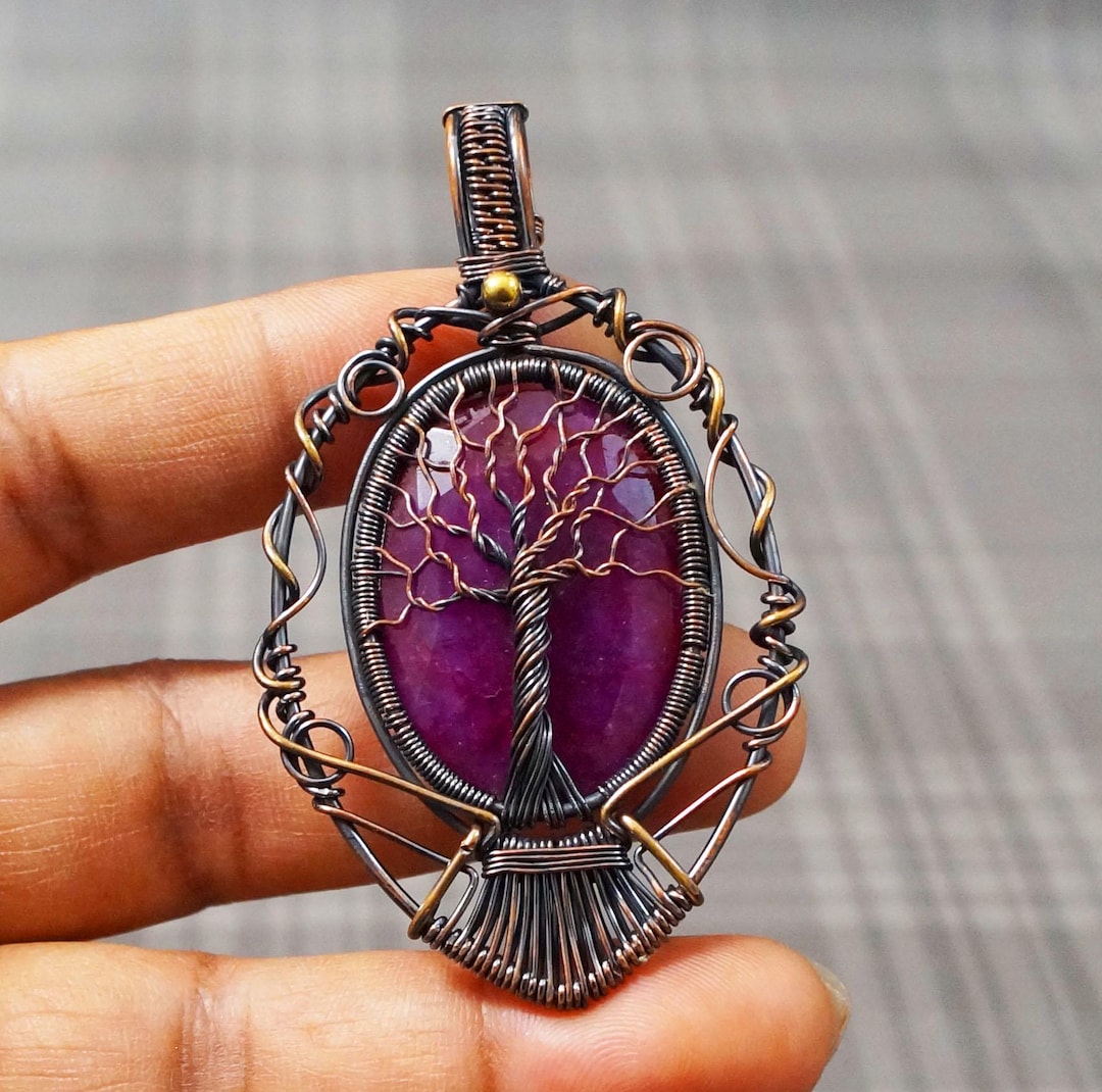 Handmade Cherry Ruby Tree of Life Copper Pendant Wire Wrapped Gemstone ...