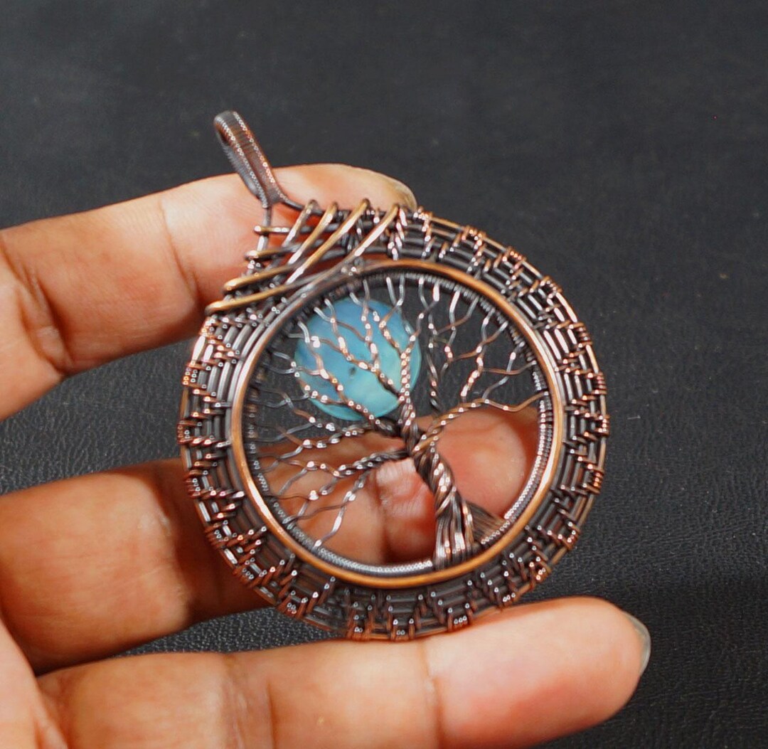 Handmade Sky Blue Onyx Tree of Life Copper Wire Wrapped Pendant Wire ...